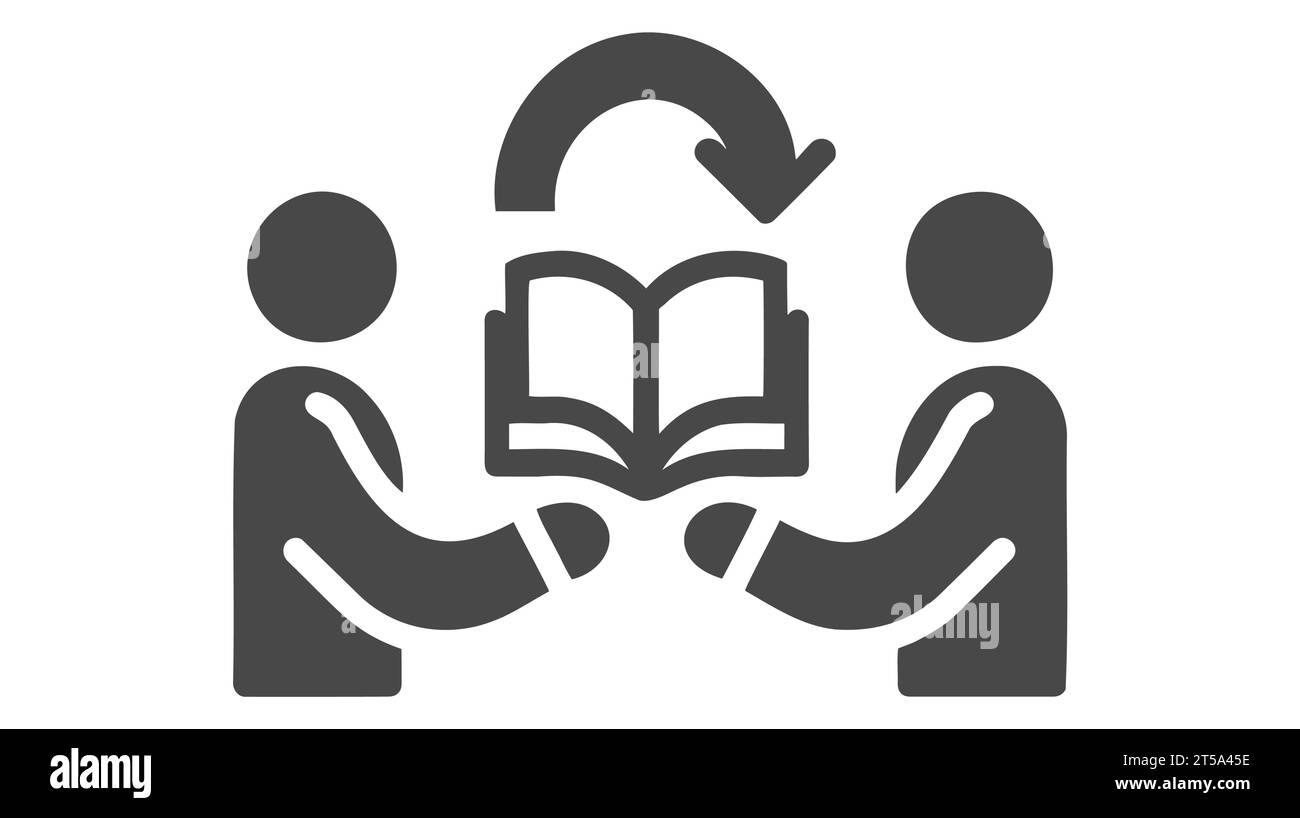 An icon depicting two stylized figures sharing a book, with an arrow ...