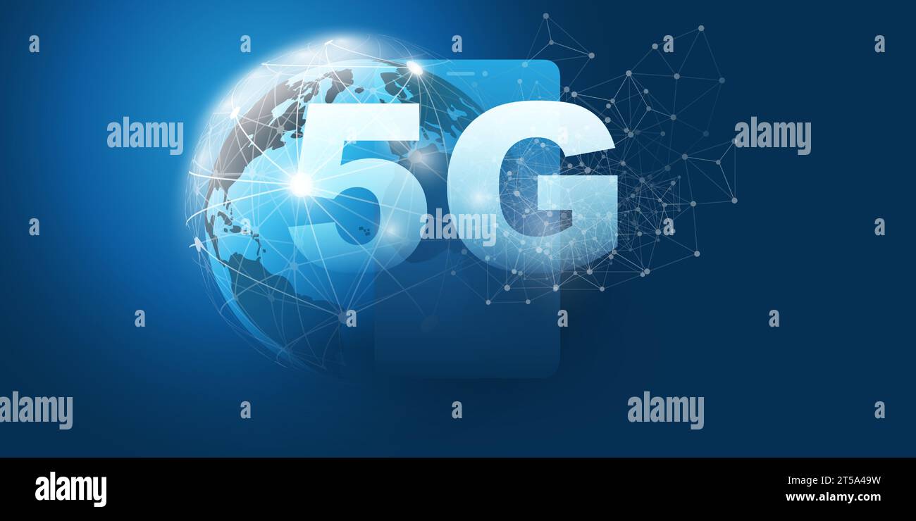 5G Network Label with Earth Globe, Smart Phone Symbol and Polyonal Mesh ...
