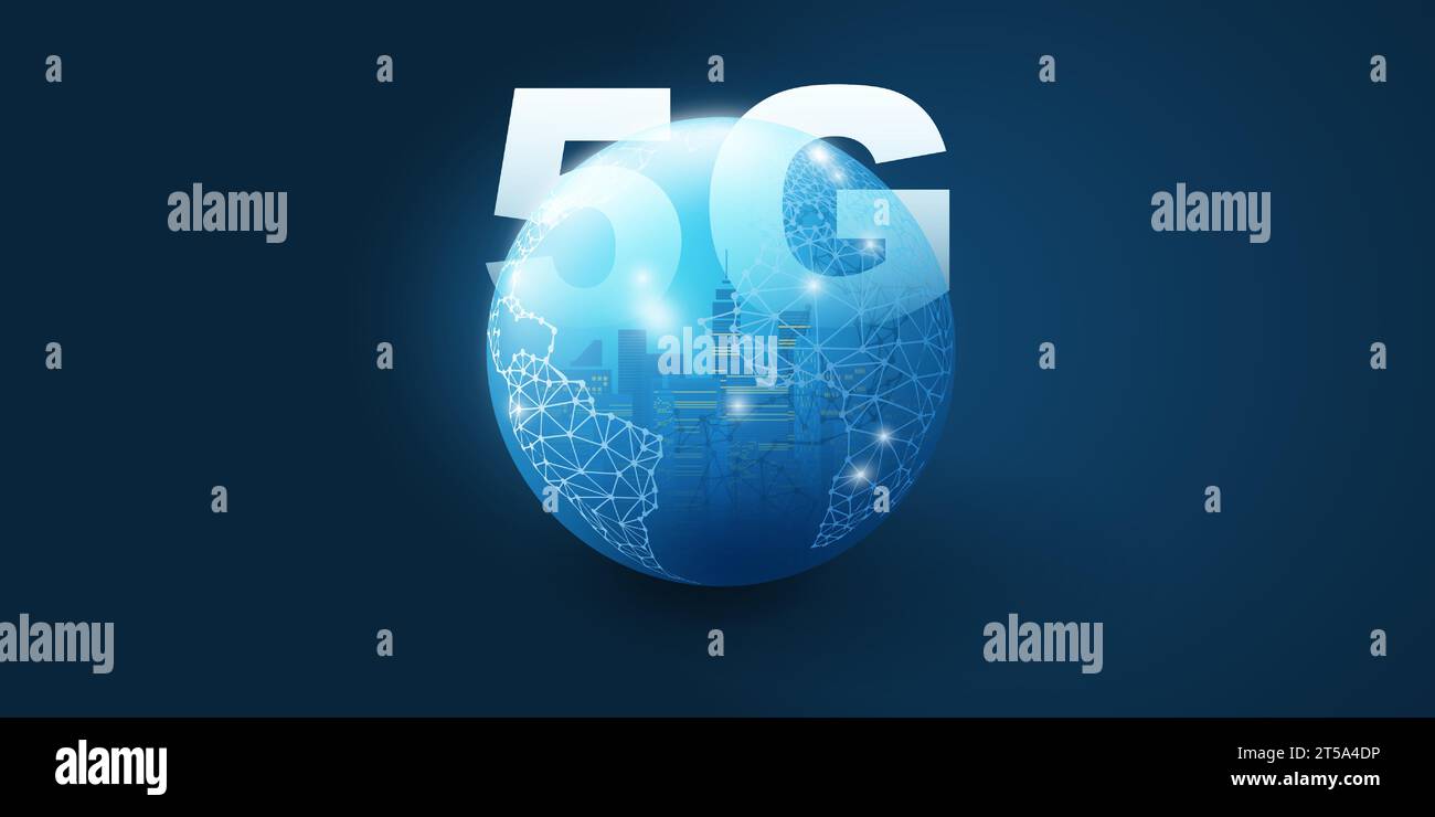 Dark Blue 5G Network Label with Cityscape Inside of Earth Globe ...