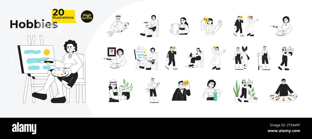 Hobbies leisure activity black and white cartoon flat illustration ...
