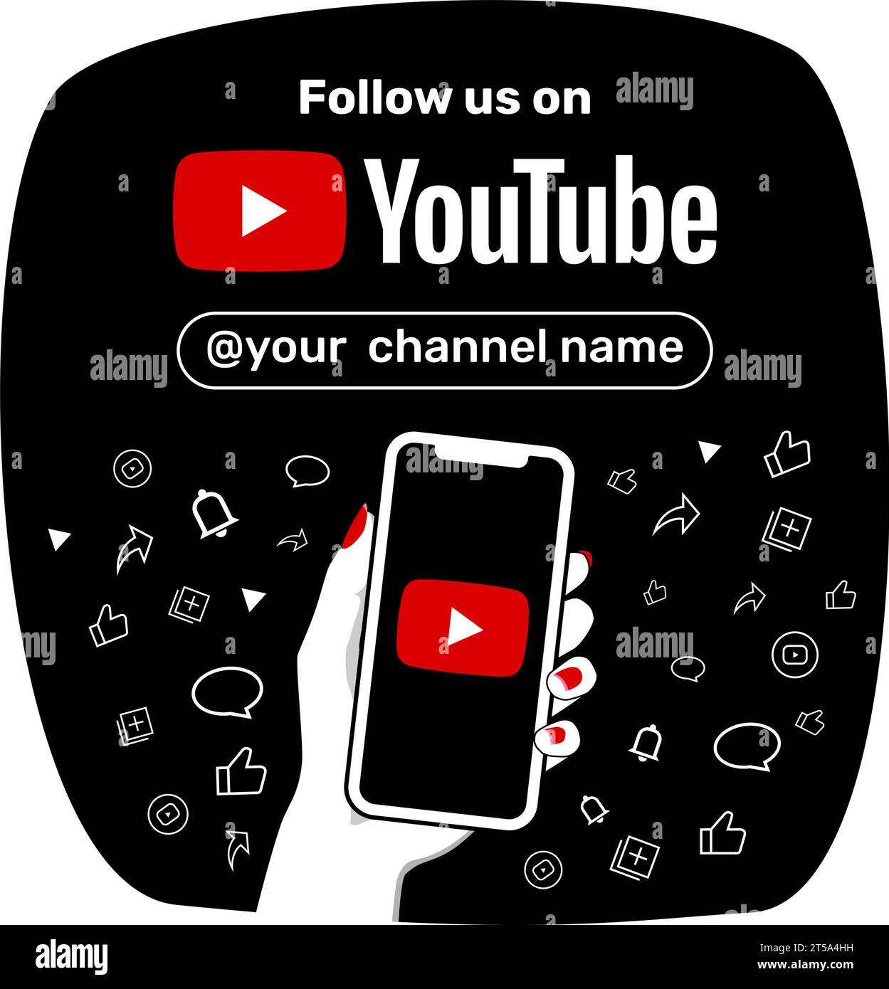Youtube Follow Us square banner. Hand of woman holding a smartphone ...