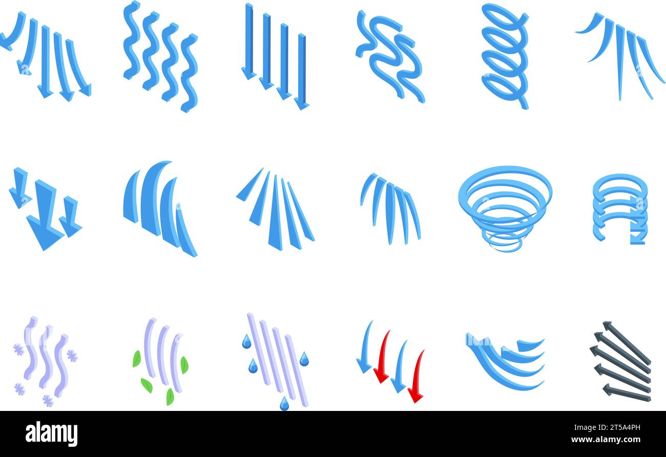 Cold air flow icons set isometric vector. Wind air effect. Wave breath ...