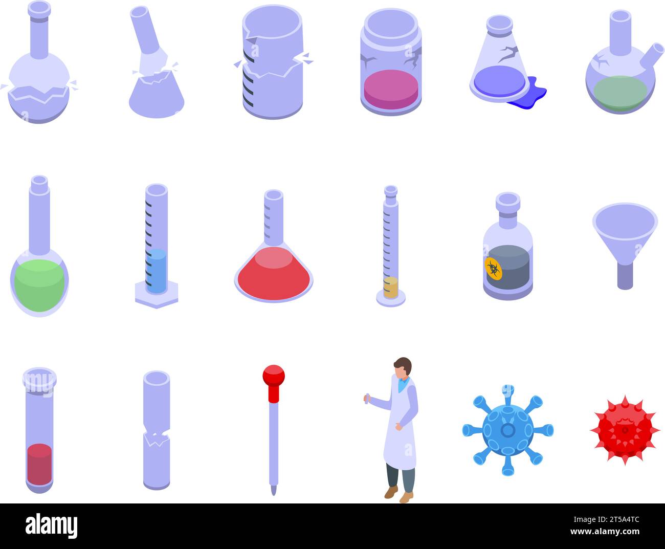 Broken laboratory glassware icons set isometric vector. Science medical ...