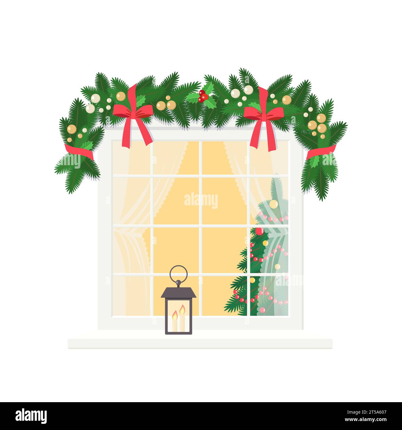 Cute window with Christmas decoration, isolated on white background ...
