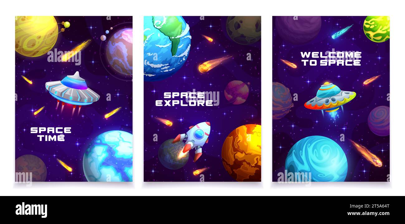 Cartoon galaxy space posters. Vector cards with alien ufo saucers ...