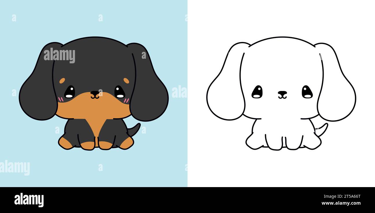 Kawaii Dachshund Puppy Clipart Multicolored and Black and White. Cute ...