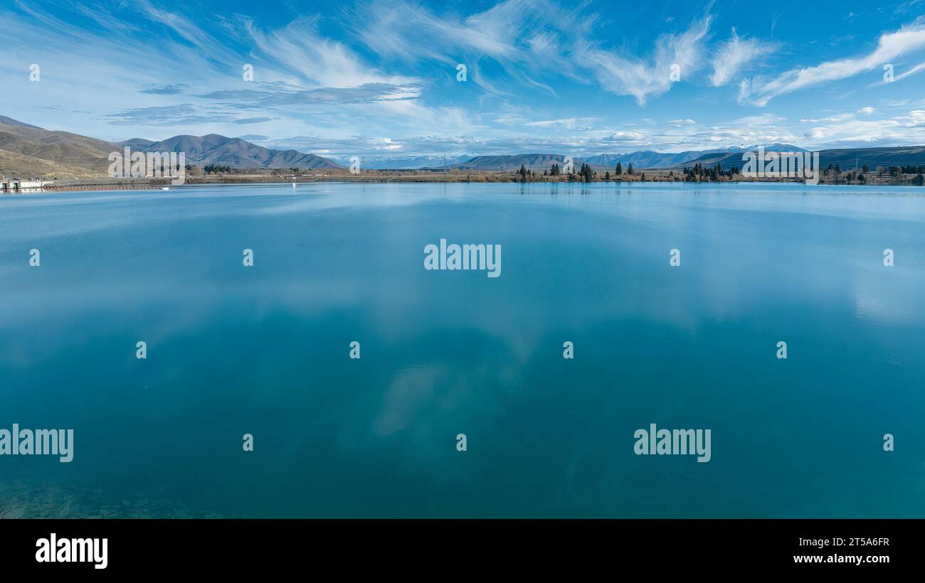 Aerial photography from a drone of the Lake Ruataniwha rowing course at ...