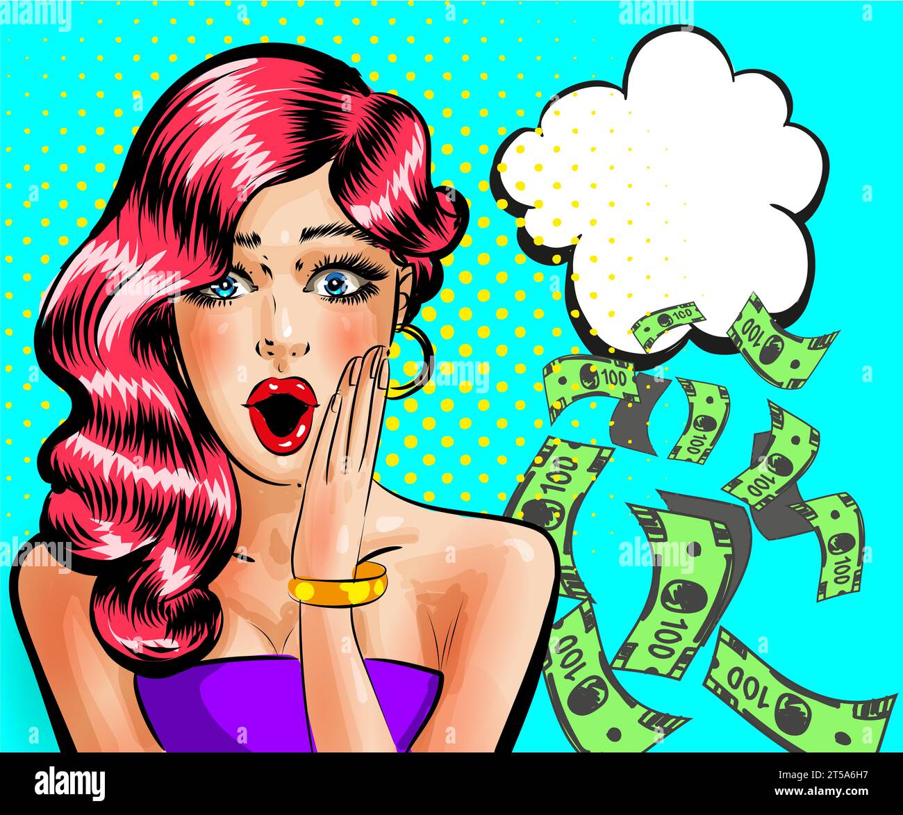Vector pop art surprised beautiful pin-up girl thinking about money ...