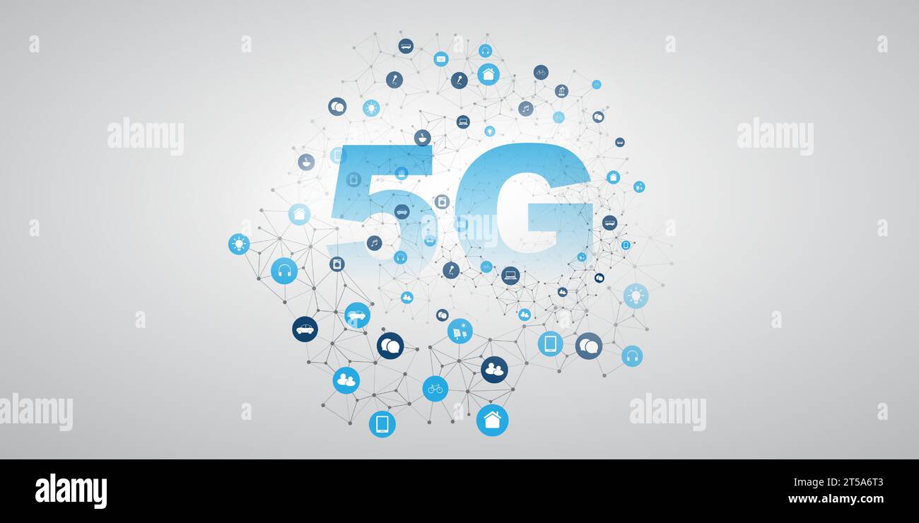 5G Label with Network Mesh, Icons Representing Various Digital Services ...