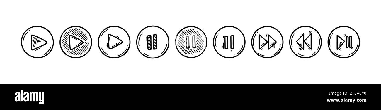 Doodle play, pause, rewind, stop, back buttons. Sketch video and audio computer and media player ...