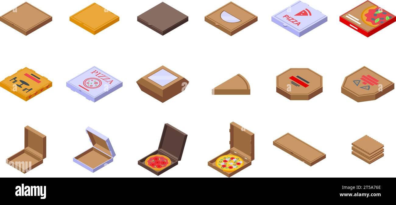 Cardboard pizza box icons set isometric vector. Open empty package ...