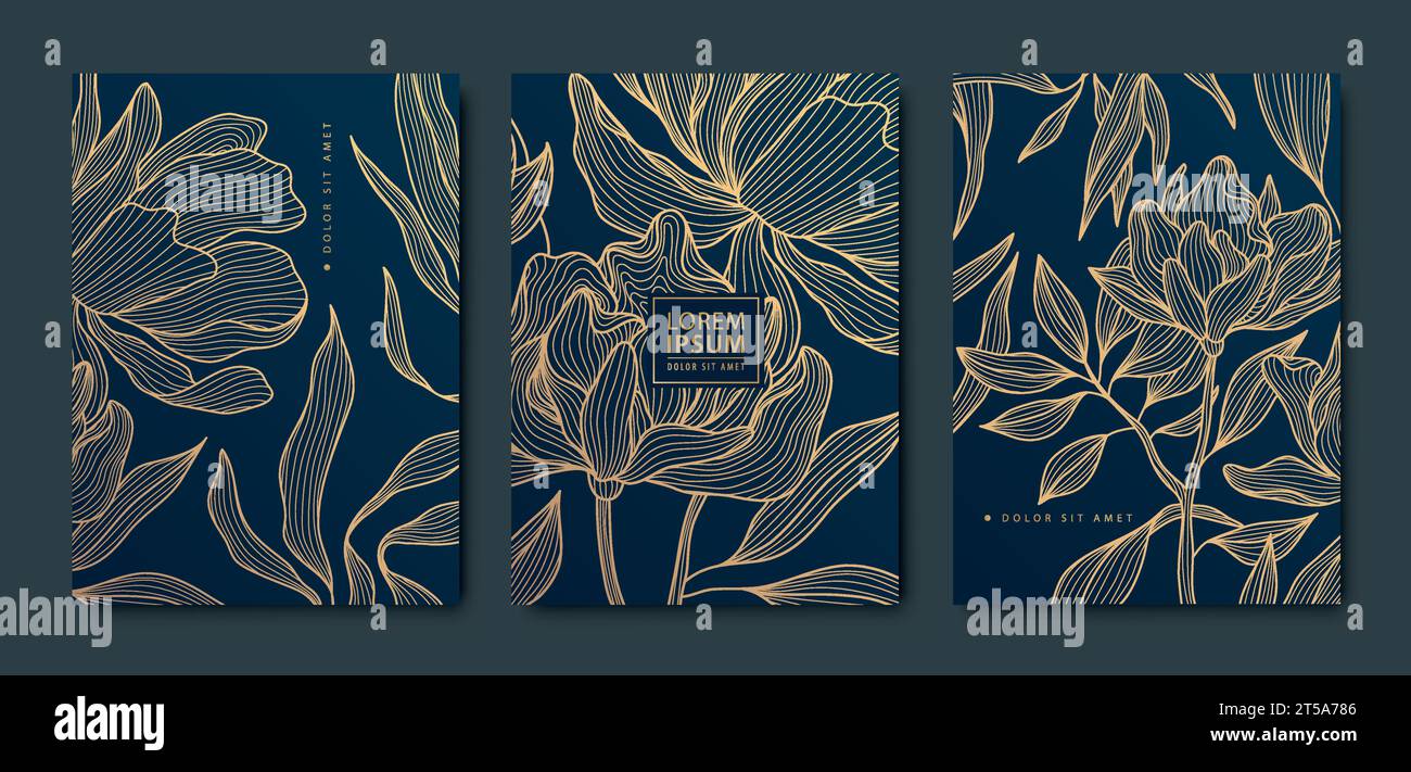 Vector art deco, luxury golden floral covers. Line japanese style ...
