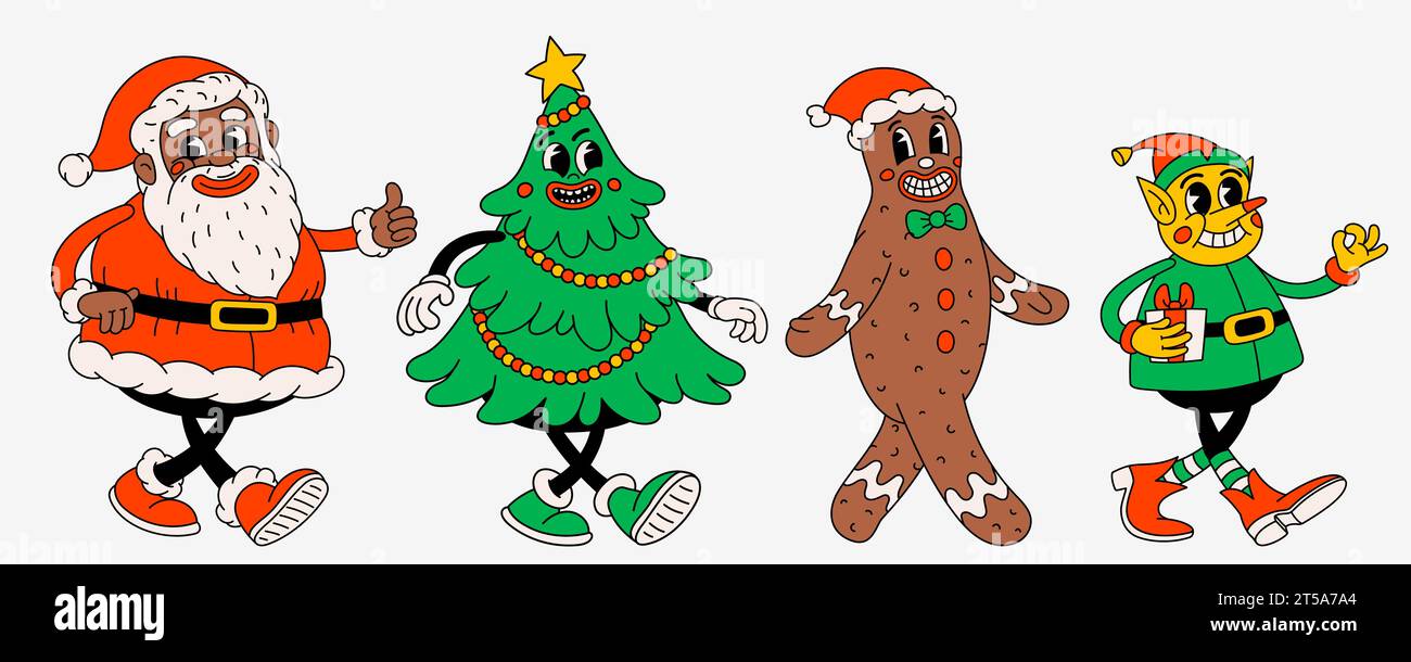 Retro style Christmas cartoon characters. Groovy vintage 70s funny ...