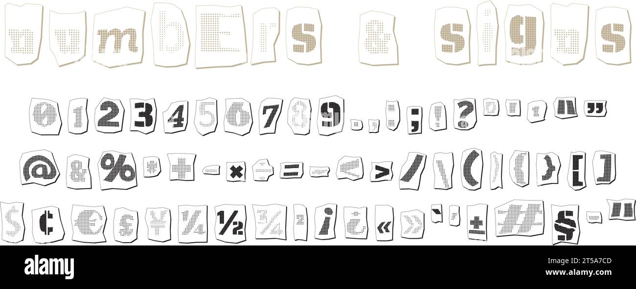 Ransom halftone collage style letters numbers and punctuation marks cut ...