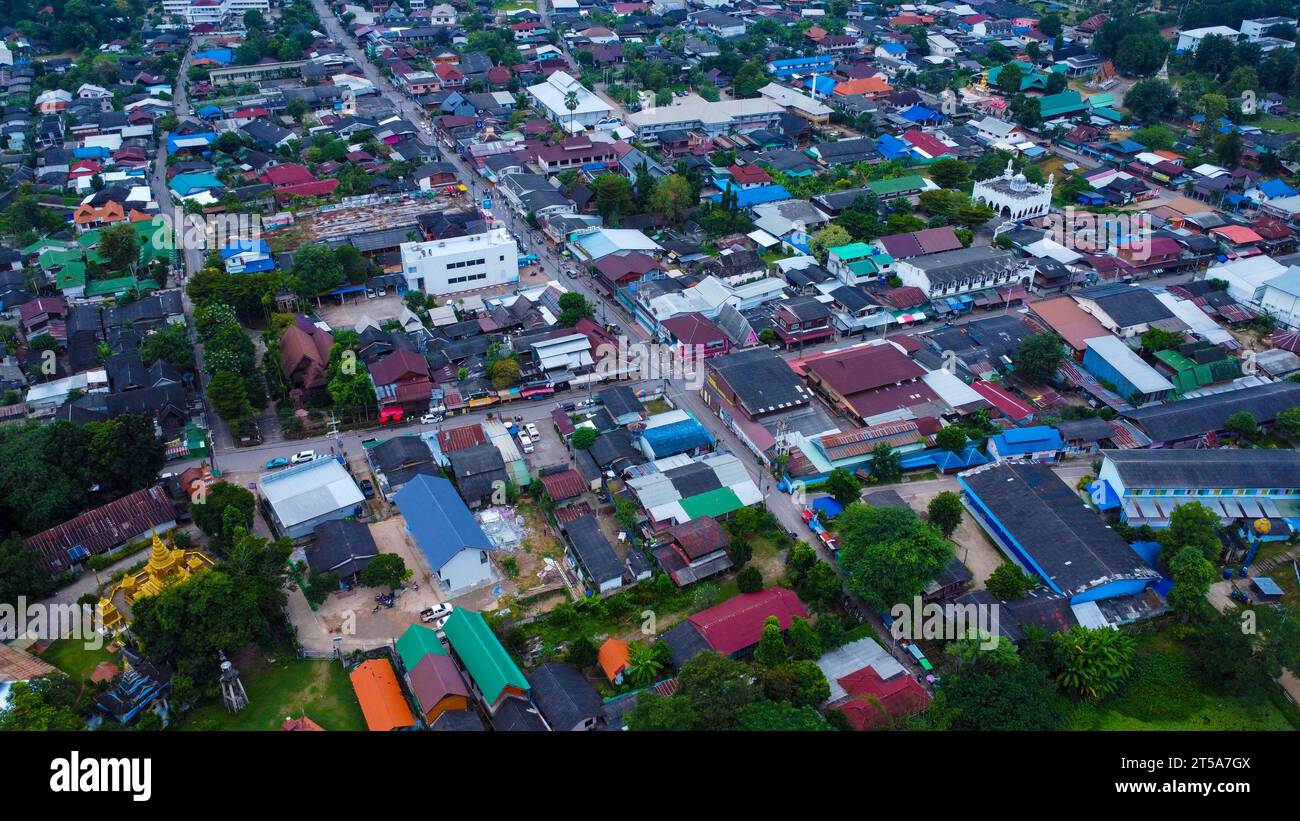 Drone aerial view of Pai village located in Mae Hong Son province in ...