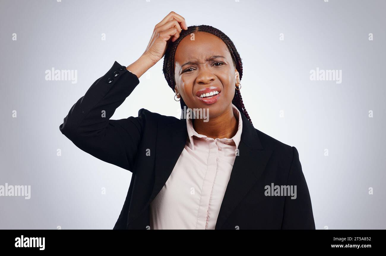 Confused, thinking and portrait of business woman scratching head in ...