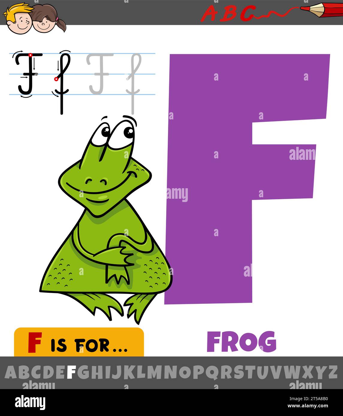 Educational cartoon illustration of letter F from alphabet with frog ...