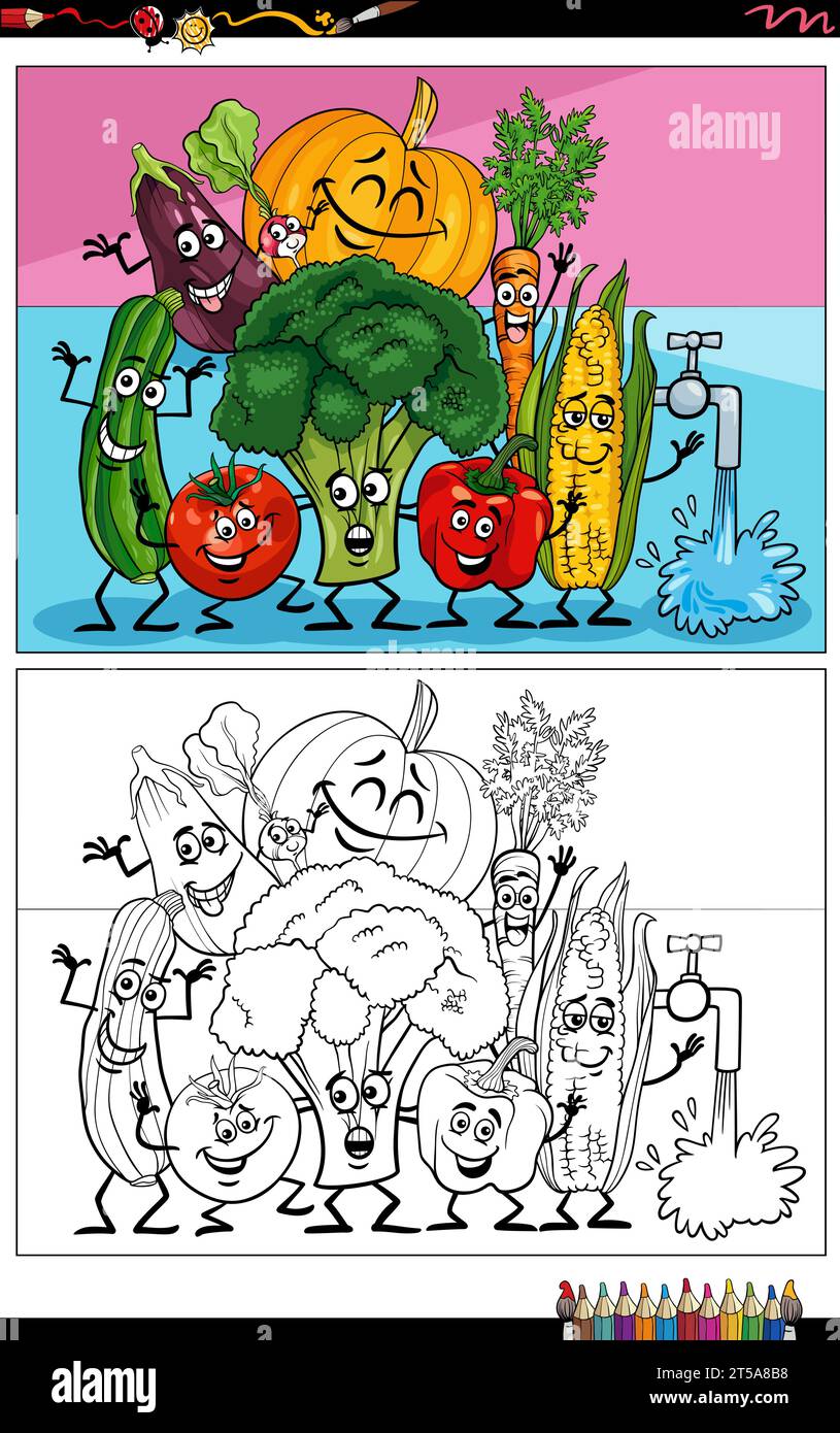 Cartoon illustrations of funny vegetable characters group coloring page ...