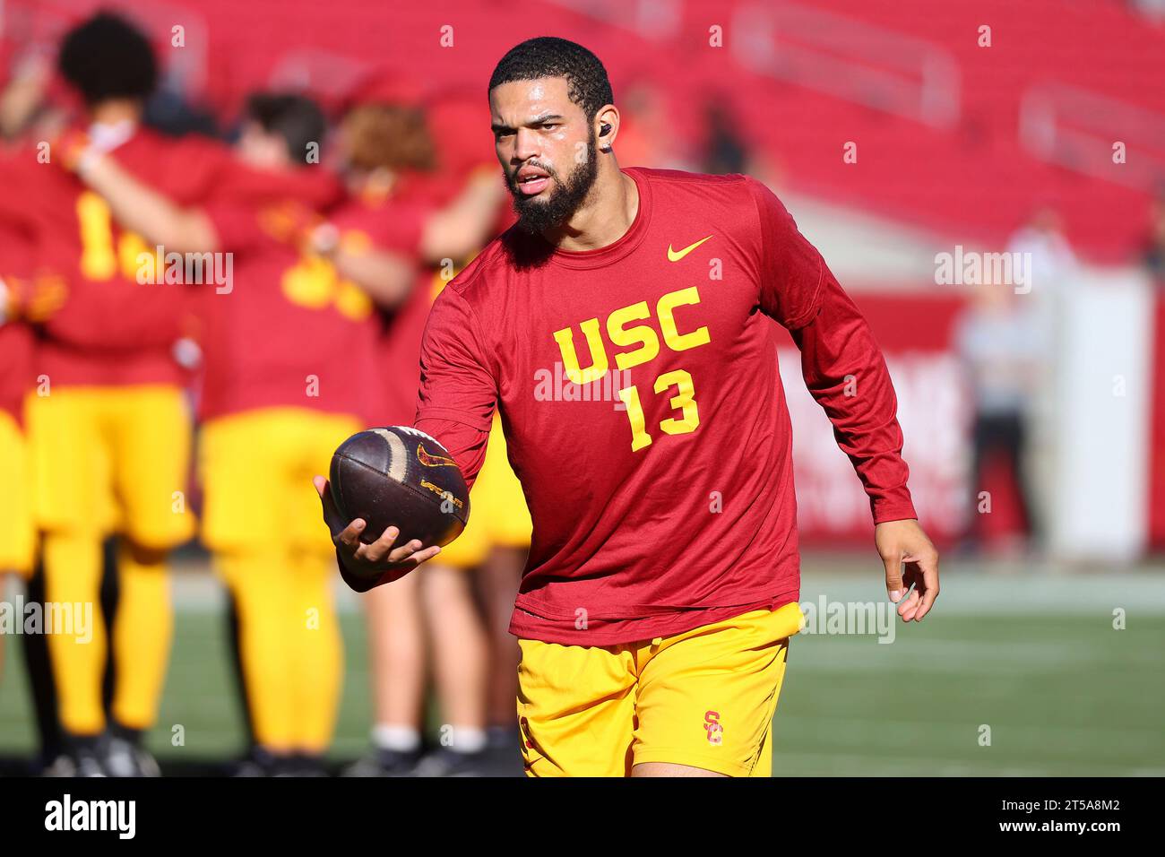 USC Trojans quarterback Caleb Williams (13) watches pregame warmups ...
