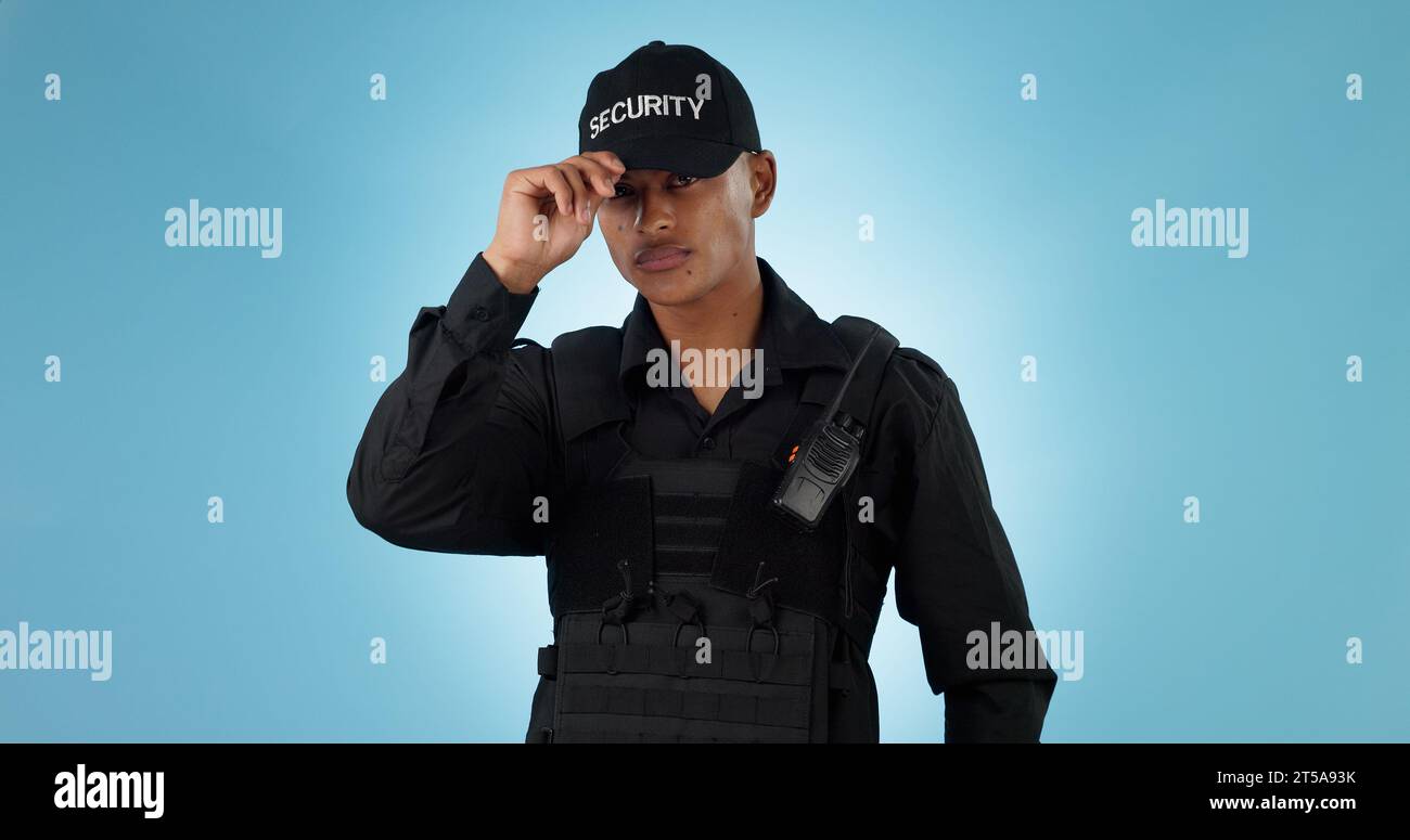 Security guard, confidence and man or employee in a studio with police ...