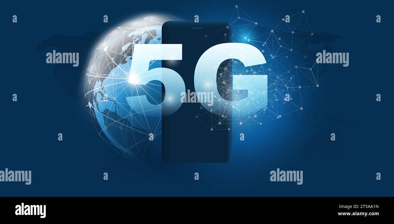 5G Network Label with Earth Globe, Smart Phone Symbol and Polygonal ...
