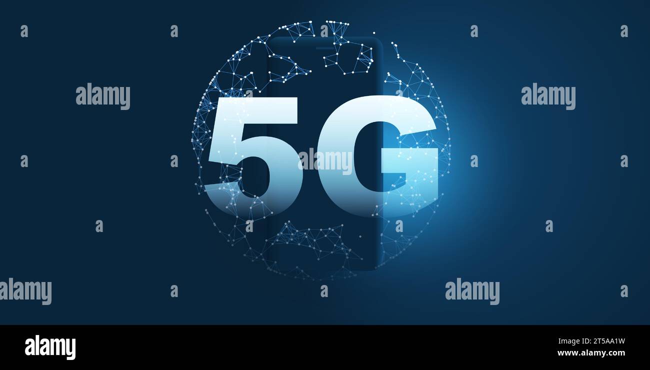 5G Network Label with Smart Phone Symbol and Round Polygonal Mesh ...