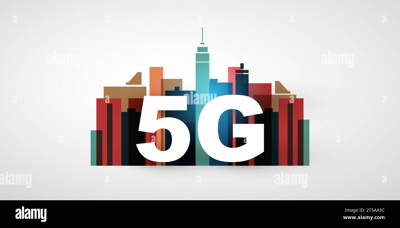 5G Network Label with Skyscrapers, Cityscape Skyline - Background High ...