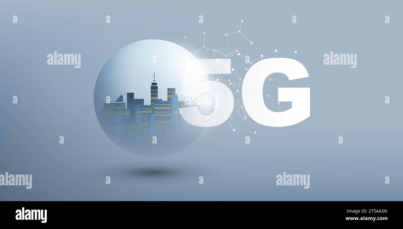Blue Grey 5G Network Label with a Cityscape Inside of a Globe ...
