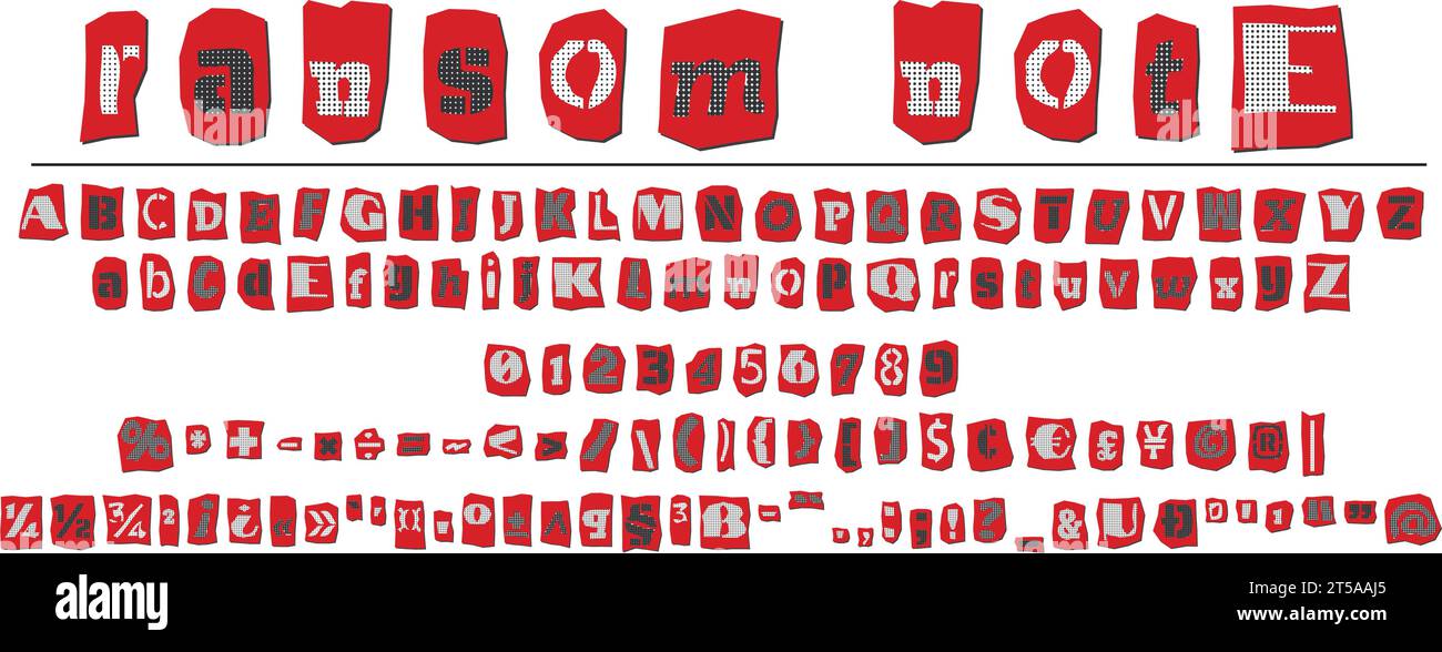 Ransom halftone collage style letters numbers and punctuation marks cut ...