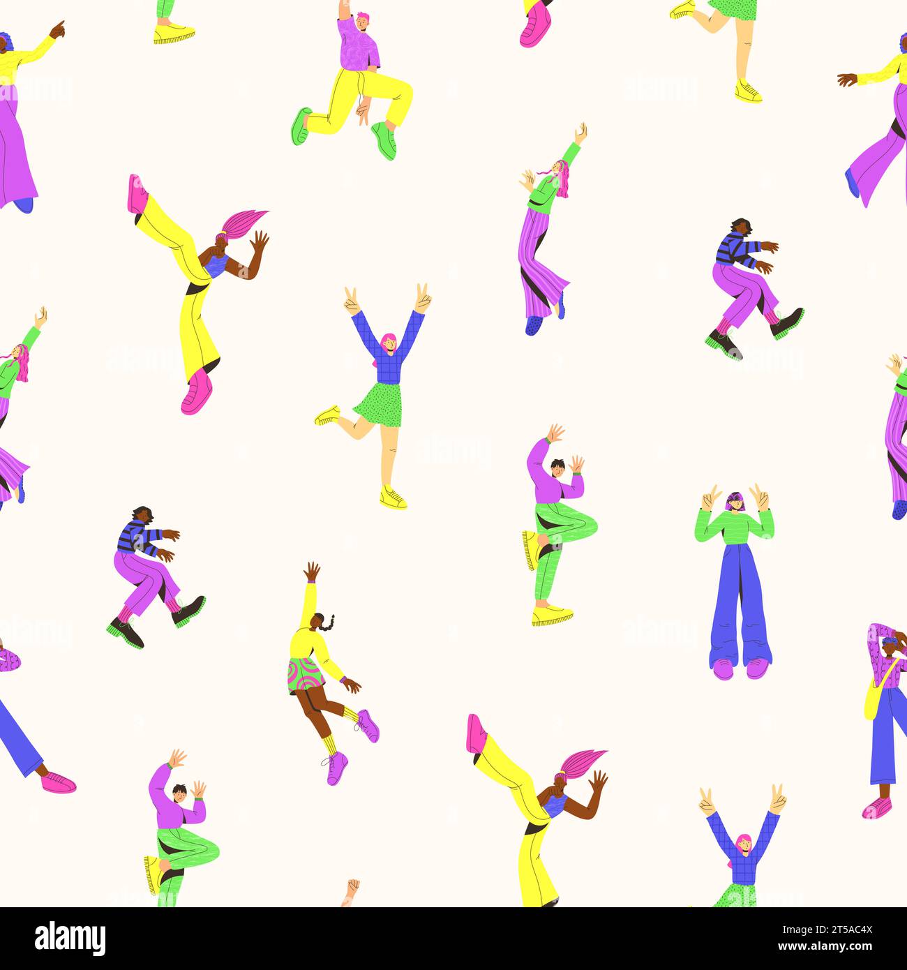 Vector seamless pattern with young peoples in trendy colors on the ...
