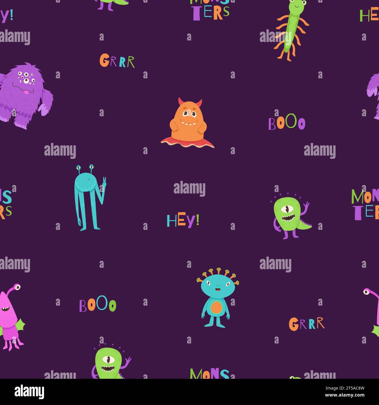 Colorful seamless pattern with cute aliens and scary phrases. Funny ...