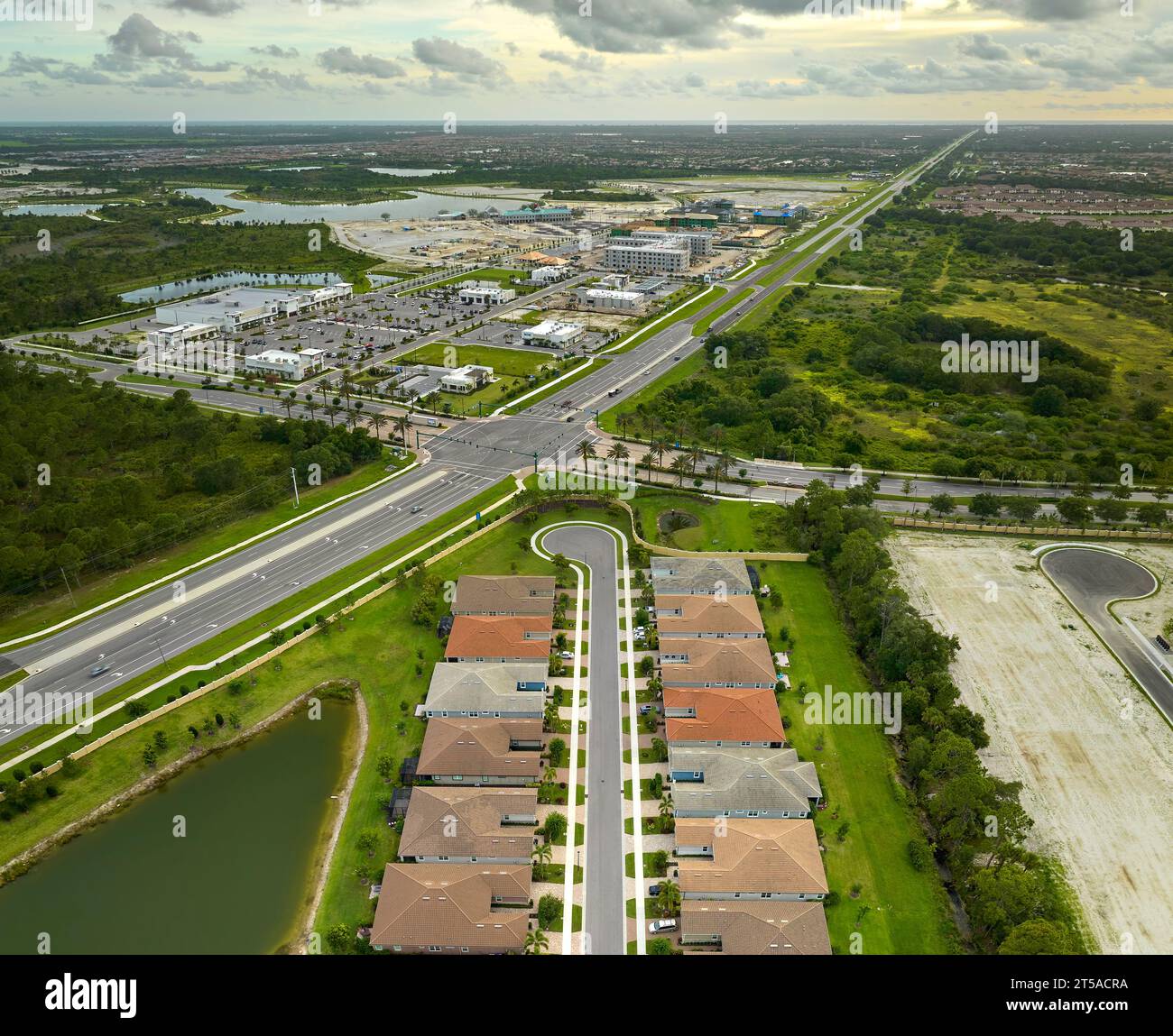 Aerial view of cul-de-sac at neighborhood street dead end with tightly ...