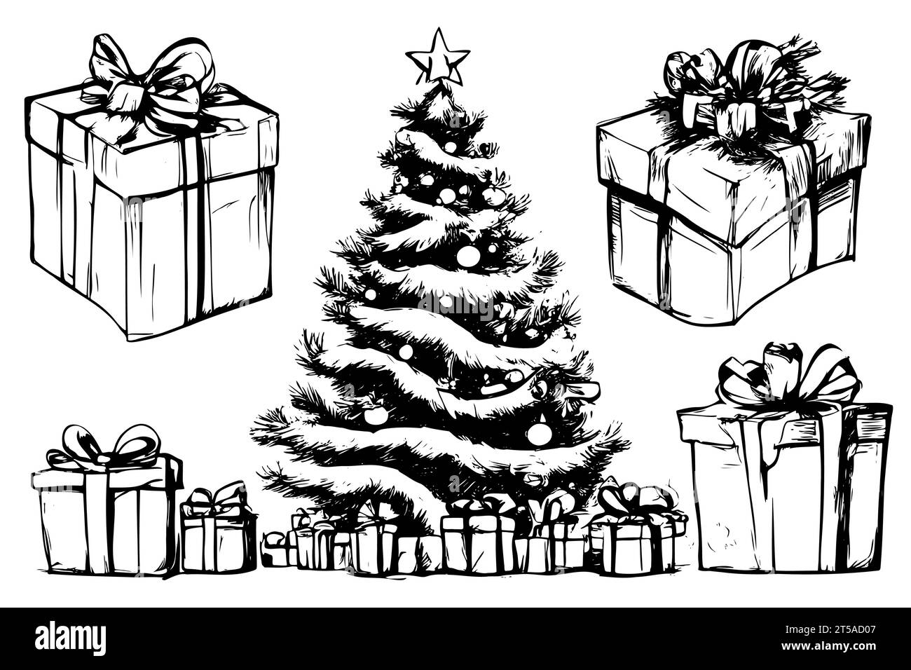 Hand drawn Christmas tree gift boxes drawing, etching, ink, line art ...