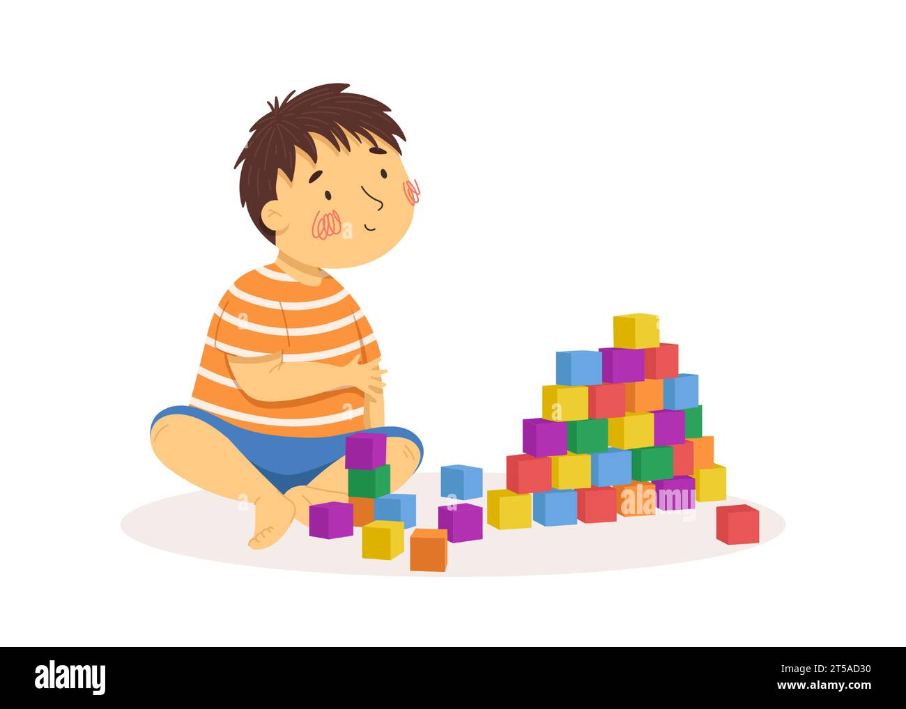 Cute little boy playing with blocks. Vector illustration. Summer ...