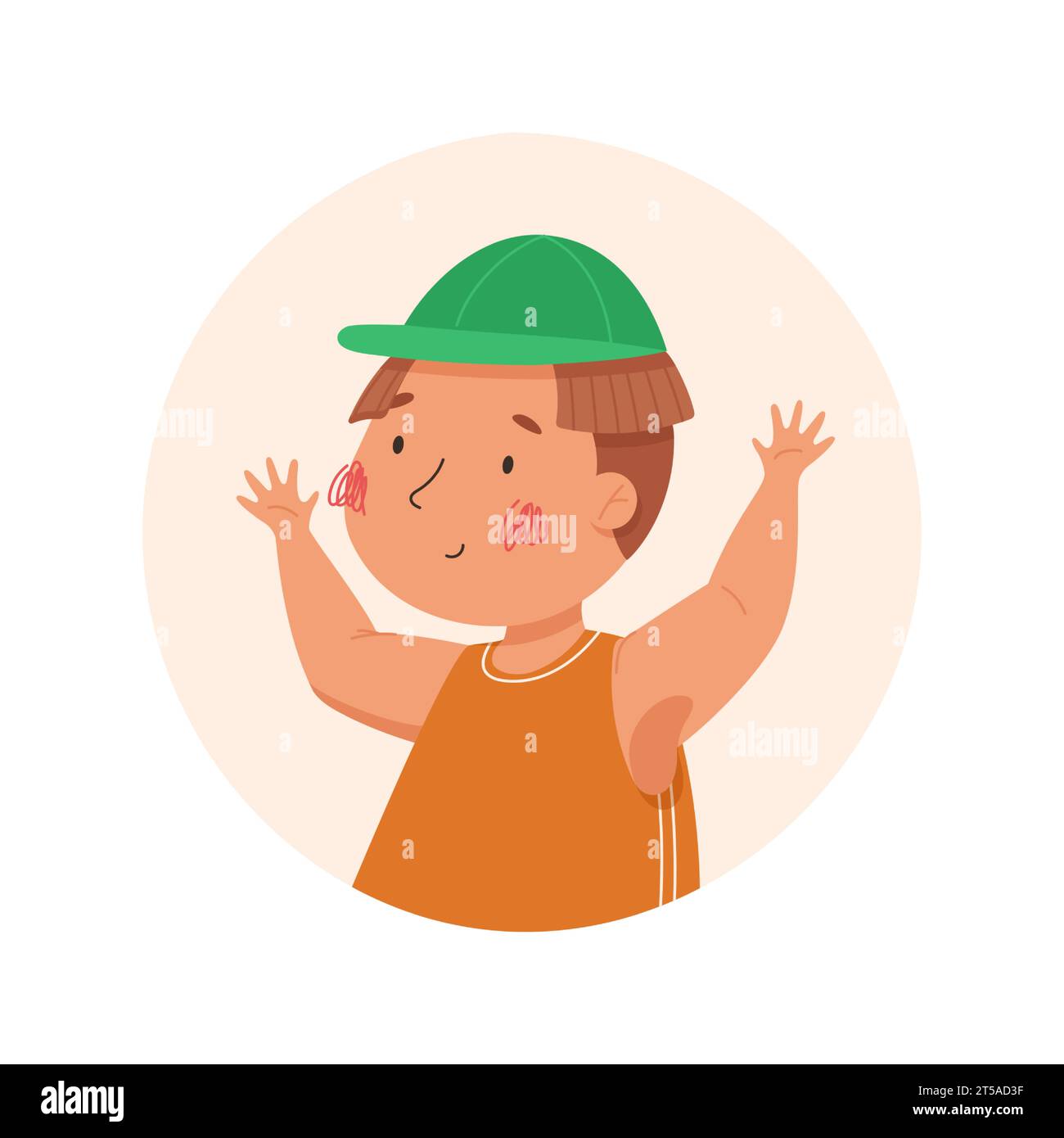 Happy little boy in green cap. Vector cartoon illustration. Funny kids ...