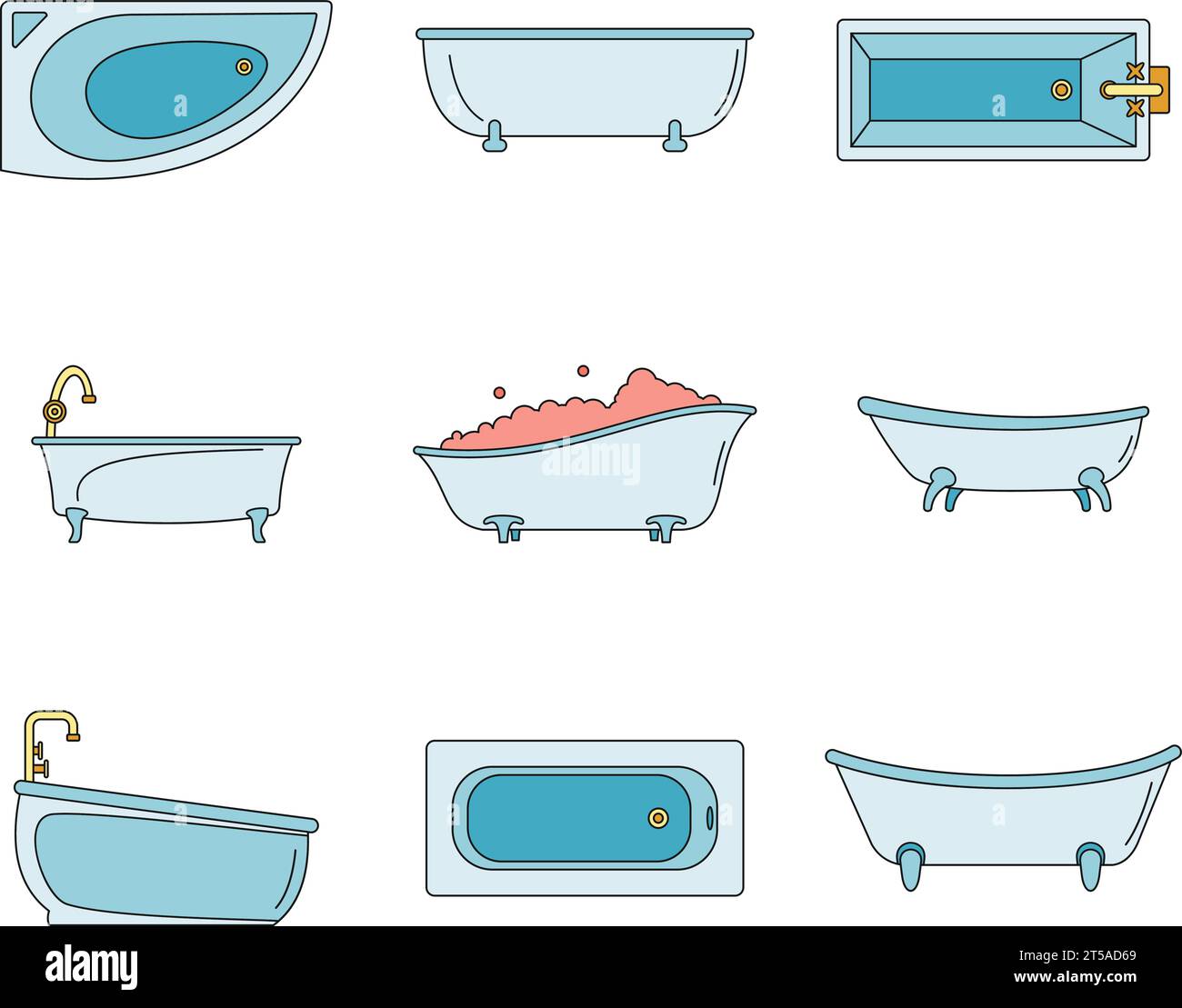 Bathtub interior icons set. Outline illustration of 9 bathtub interior ...