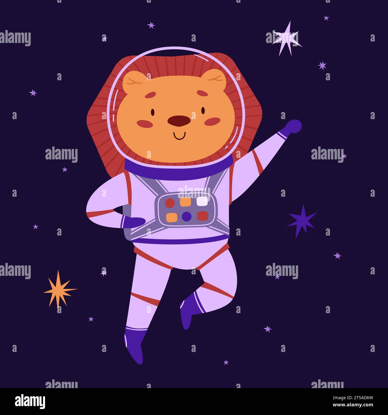 Cute space animal vector illustration. Lion astronaut in funny pose in ...