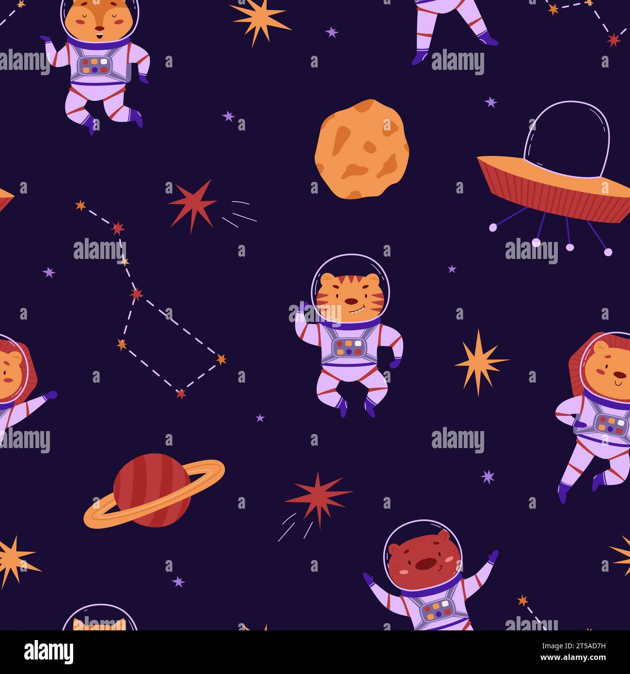 Cosmic seamless pattern with cute animals astronauts, alien ships and ...