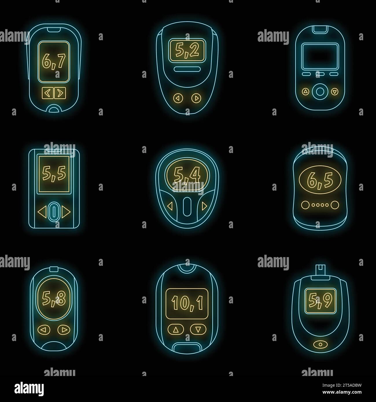 Glucose meter sugar blood test device icons set. Outline illustration ...