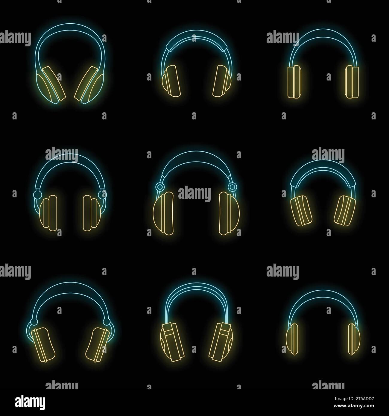 Headphones music listen speakers headset icons set. Outline ...