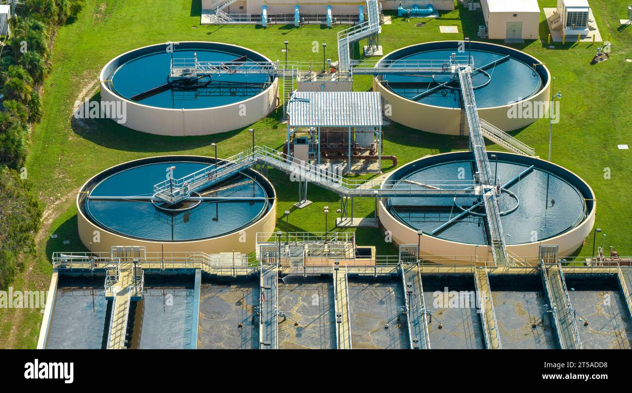 Aerial view of water treatment factory at city wastewater cleaning ...