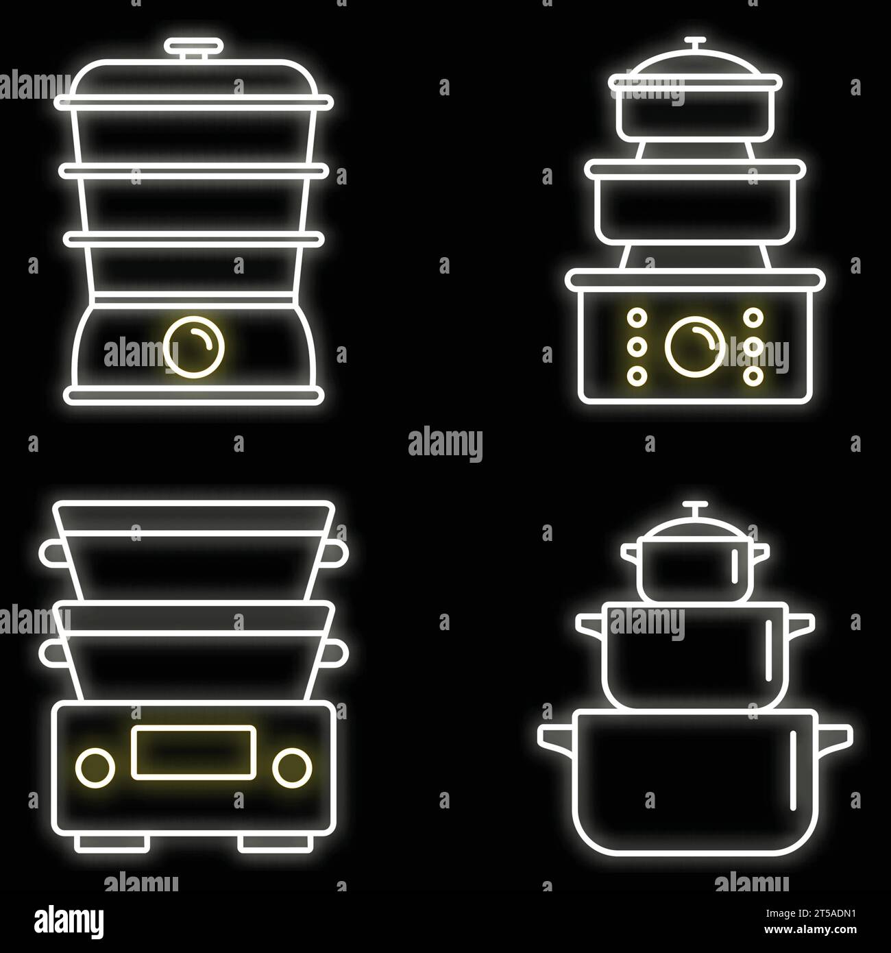 Cooking steamer icon set. Outline set of cooking steamer vector icons neon color on black Stock ...
