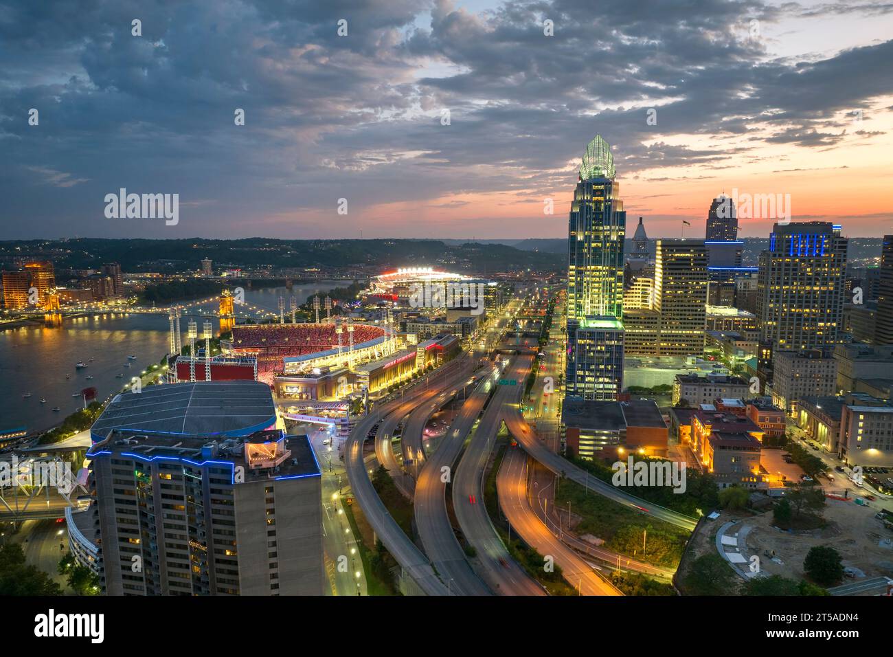 Cincinnati, Ohio night cityscape with big highway junction and high ...