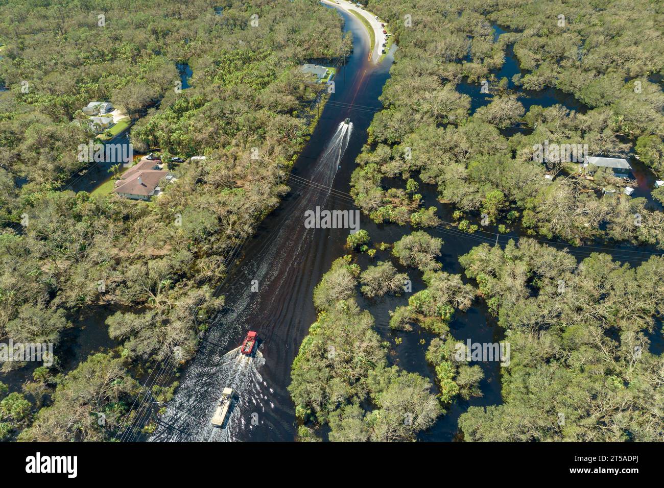 Consequences of natural disaster. Heavy flood with high water ...