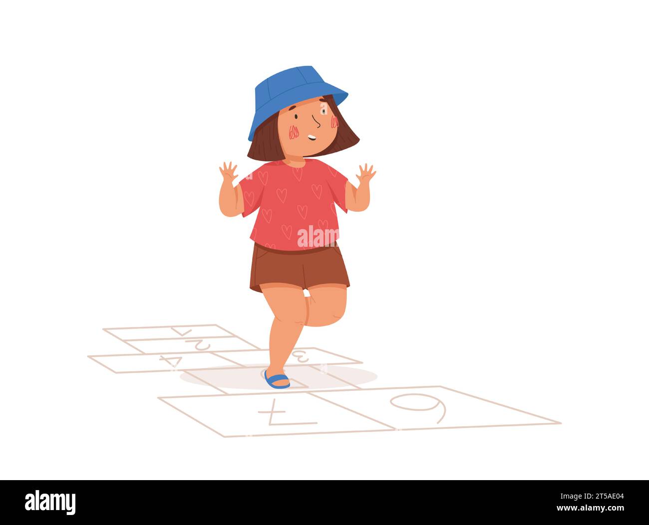Happy cute girl playing hopscotch. Vector illustration. Summer ...