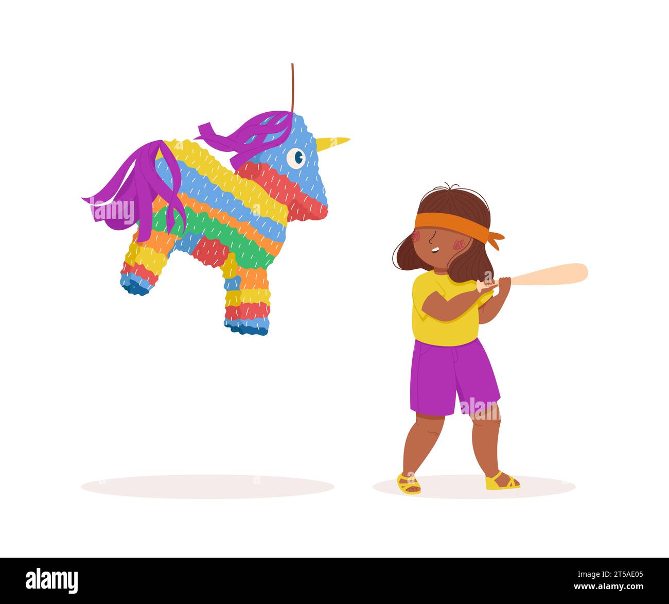 Cute black-skinned girl playing with a pinata. Vector illustration ...
