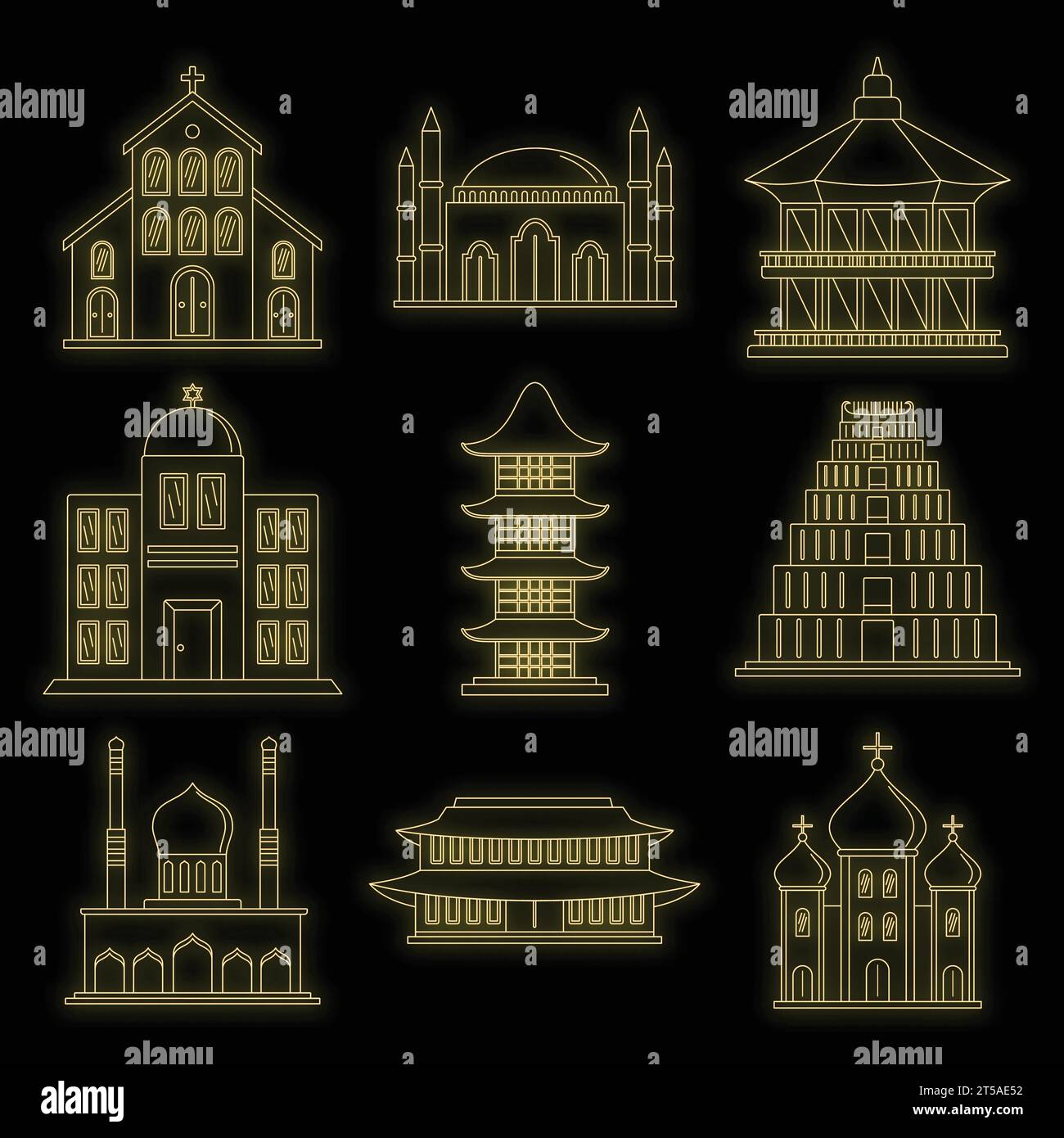 Temple tower castle icons set. Outline illustration of 9 temple tower ...