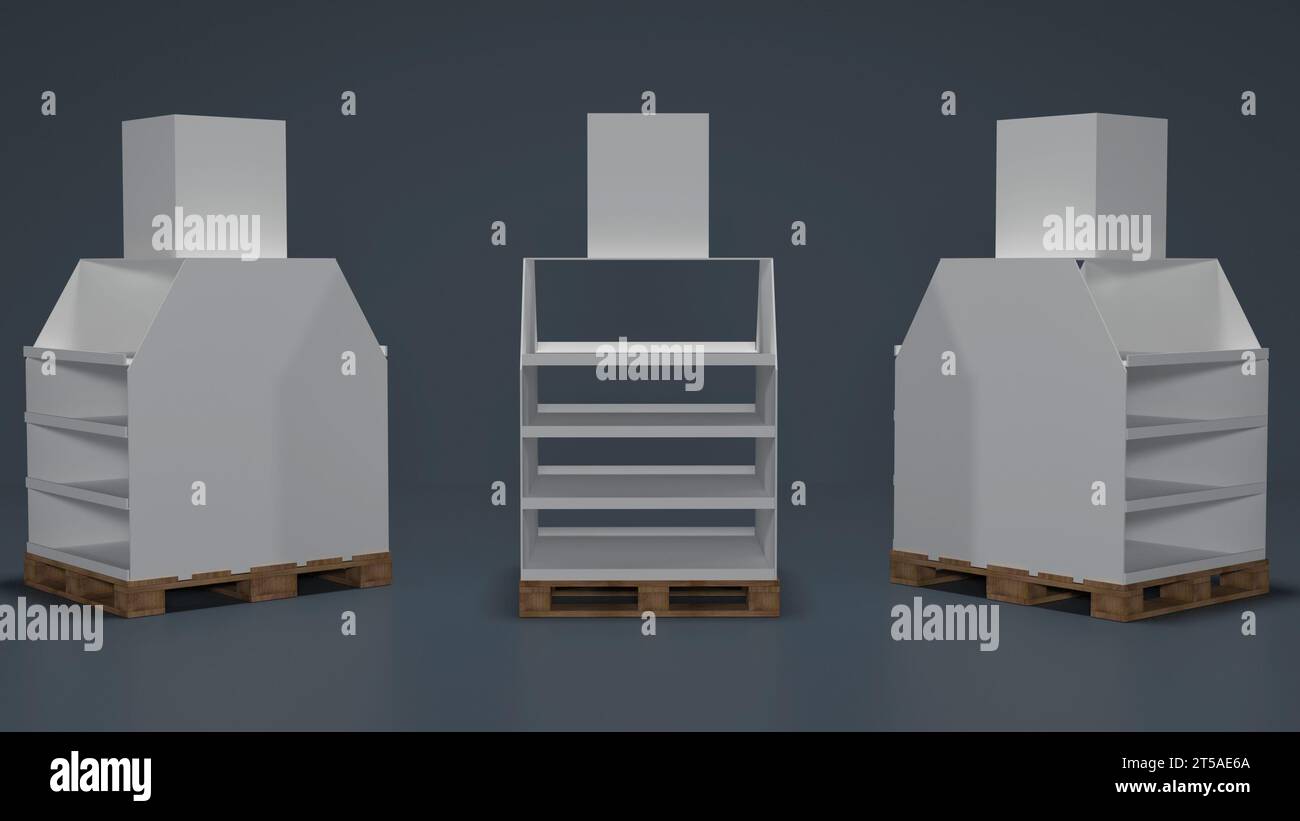 Super store pallet product display shelf design 3D illustration Stock ...