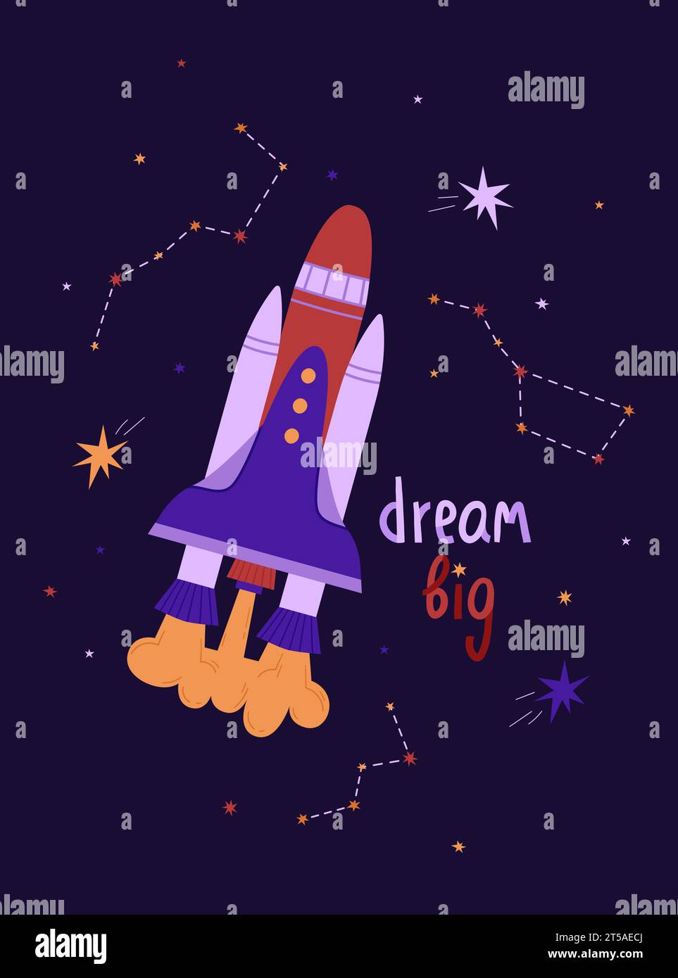Poster with a spaceship in flat style. Colorful large space rocket on ...