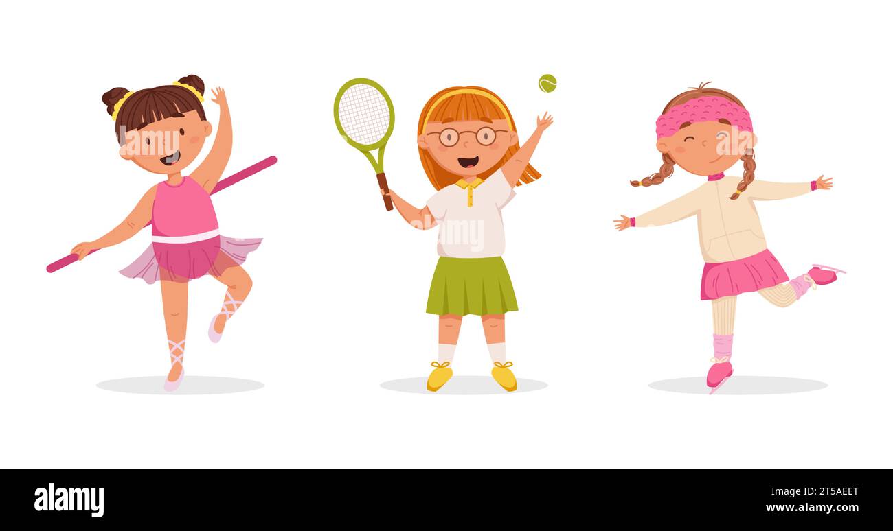 Happy little girls doing different sports vector set. Children's ...